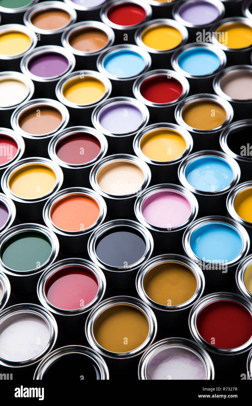 Collection of colored paints cans Stock Photo - Alamy