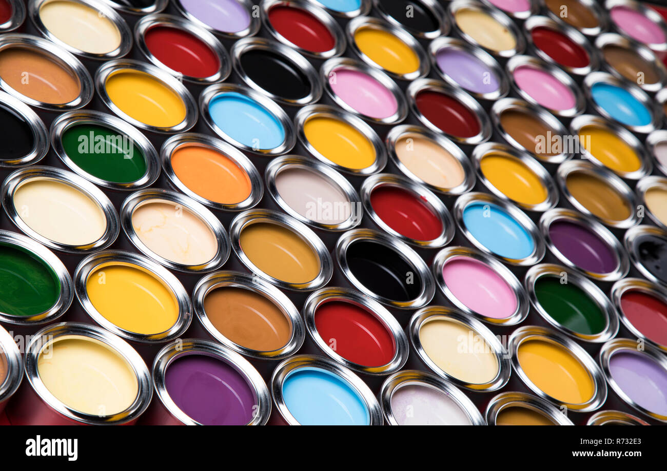 Background from multi color cans of paint Stock Photo - Alamy