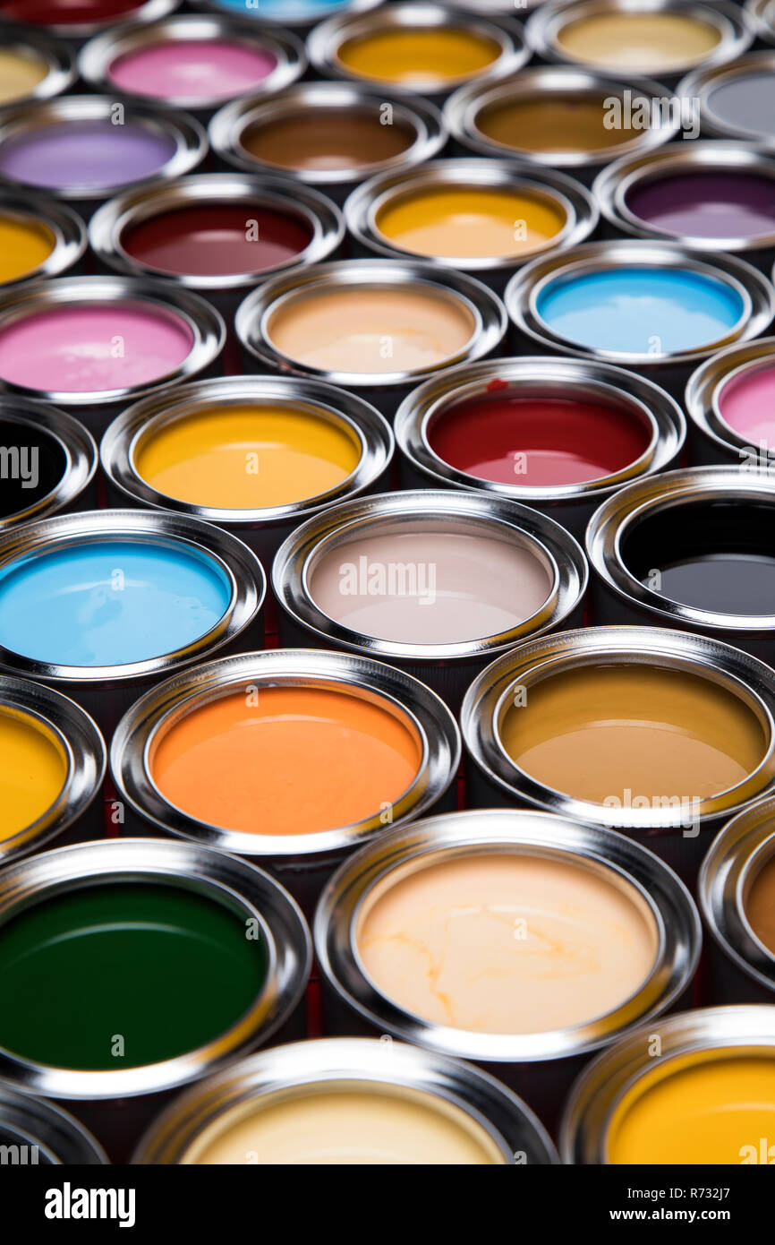 Creativity concept group of tin metal cans with color paint Stock Photo ...