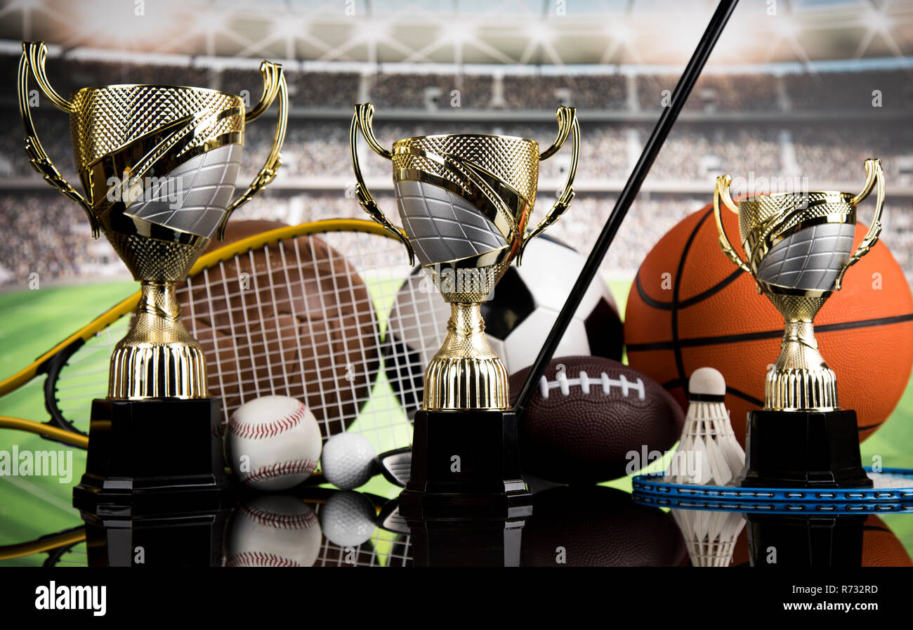 Winner trophy, Sport equipment and balls Stock Photo - Alamy