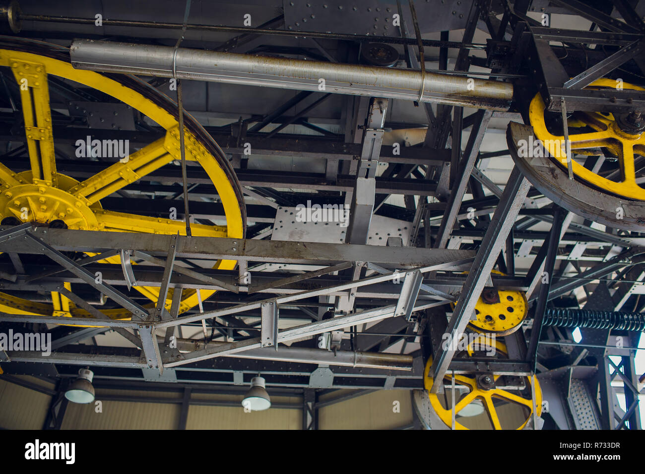 Funicular mechanism with one rotating wheel in the mountains Stock ...