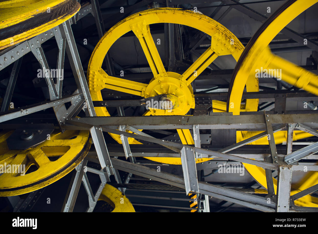 Funicular mechanism with one rotating wheel in the mountains Stock ...