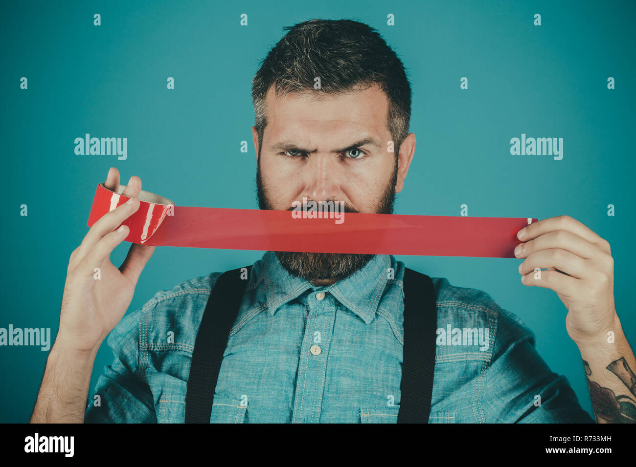 censorship. Brutal bearded male. freedom of speech and press ...