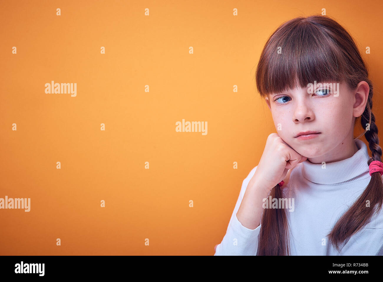 reflections, Caucasian teen girl thinking on colored background, place ...