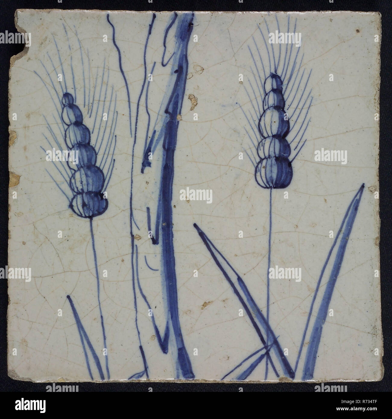 Blue tile with ears of corn and stem, of chimney pilaster with 13 tiles ...