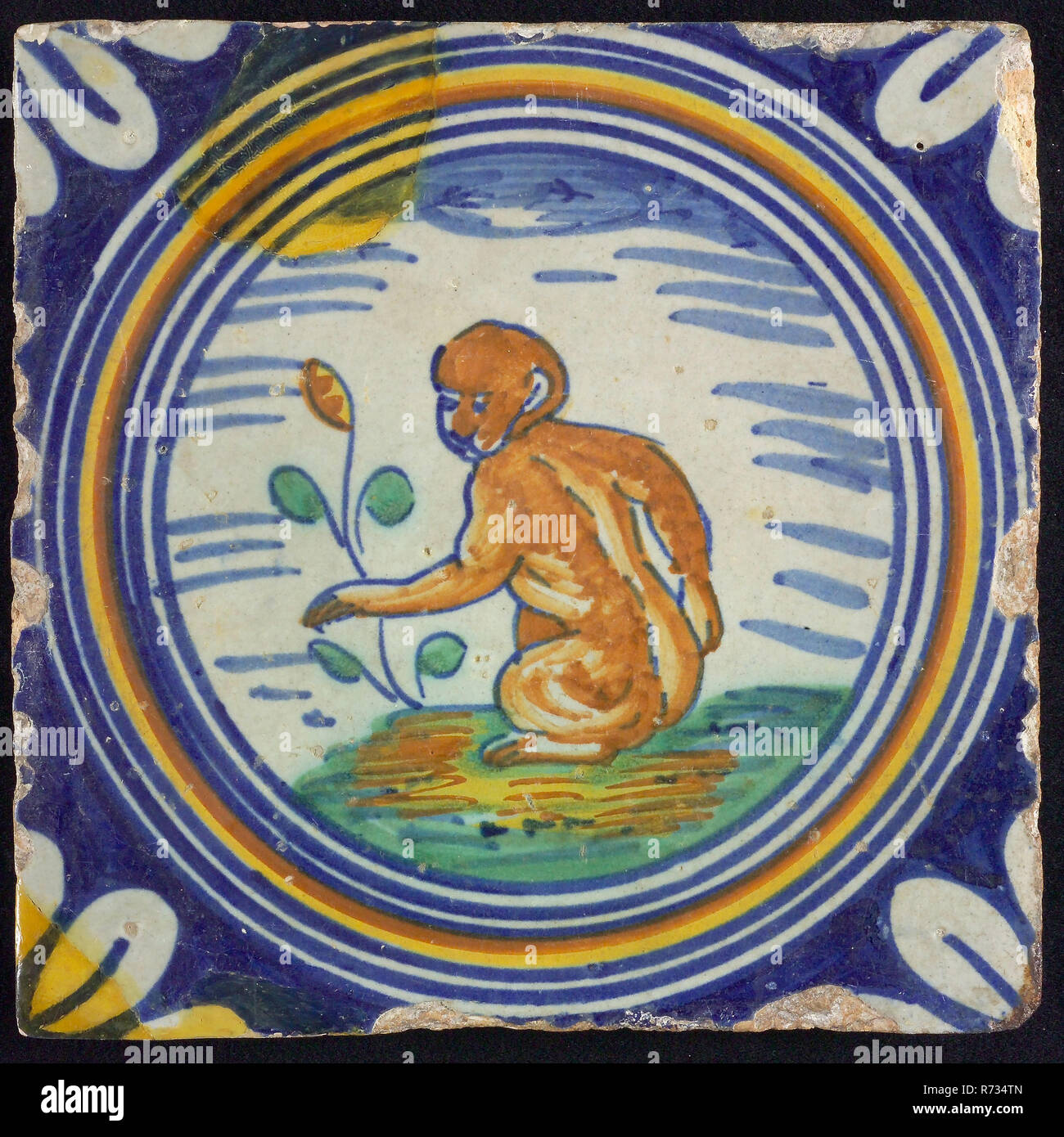 Animal tile, blue, brown, green and yellow on white ground, inside ...