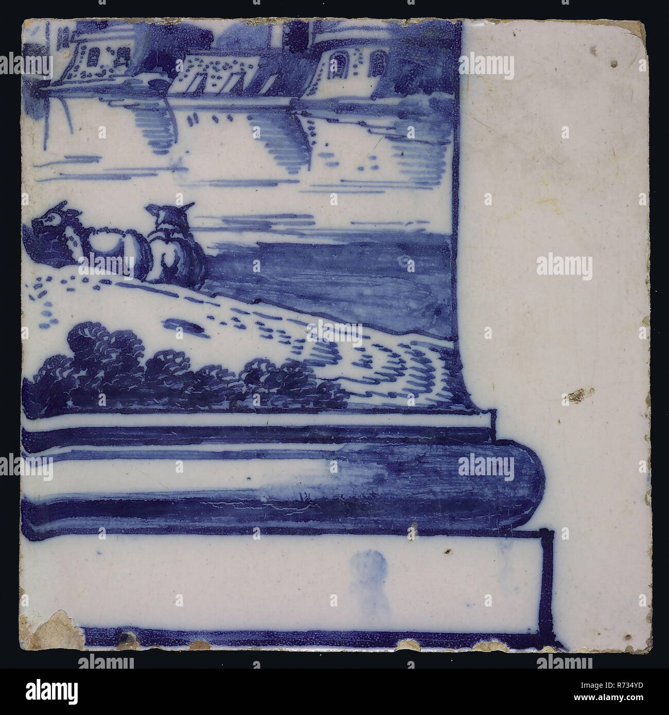 Blue tile with right base of pillar showing landscape with sheep, water ...