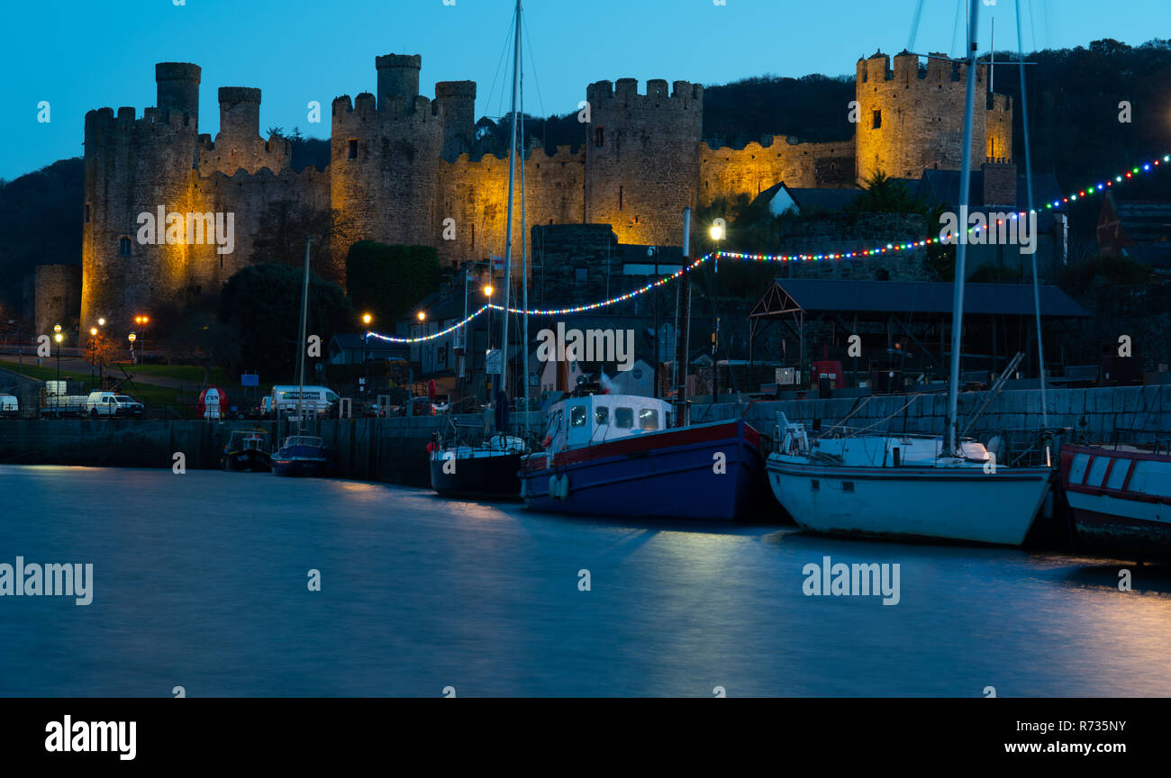 Conwy Castle and Quay on the River Conwy, North Wales. Image taken in ...
