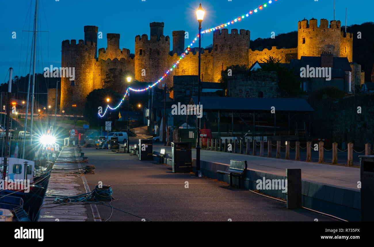Conwy Castle and Quay on the River Conwy, North Wales. The bright ...