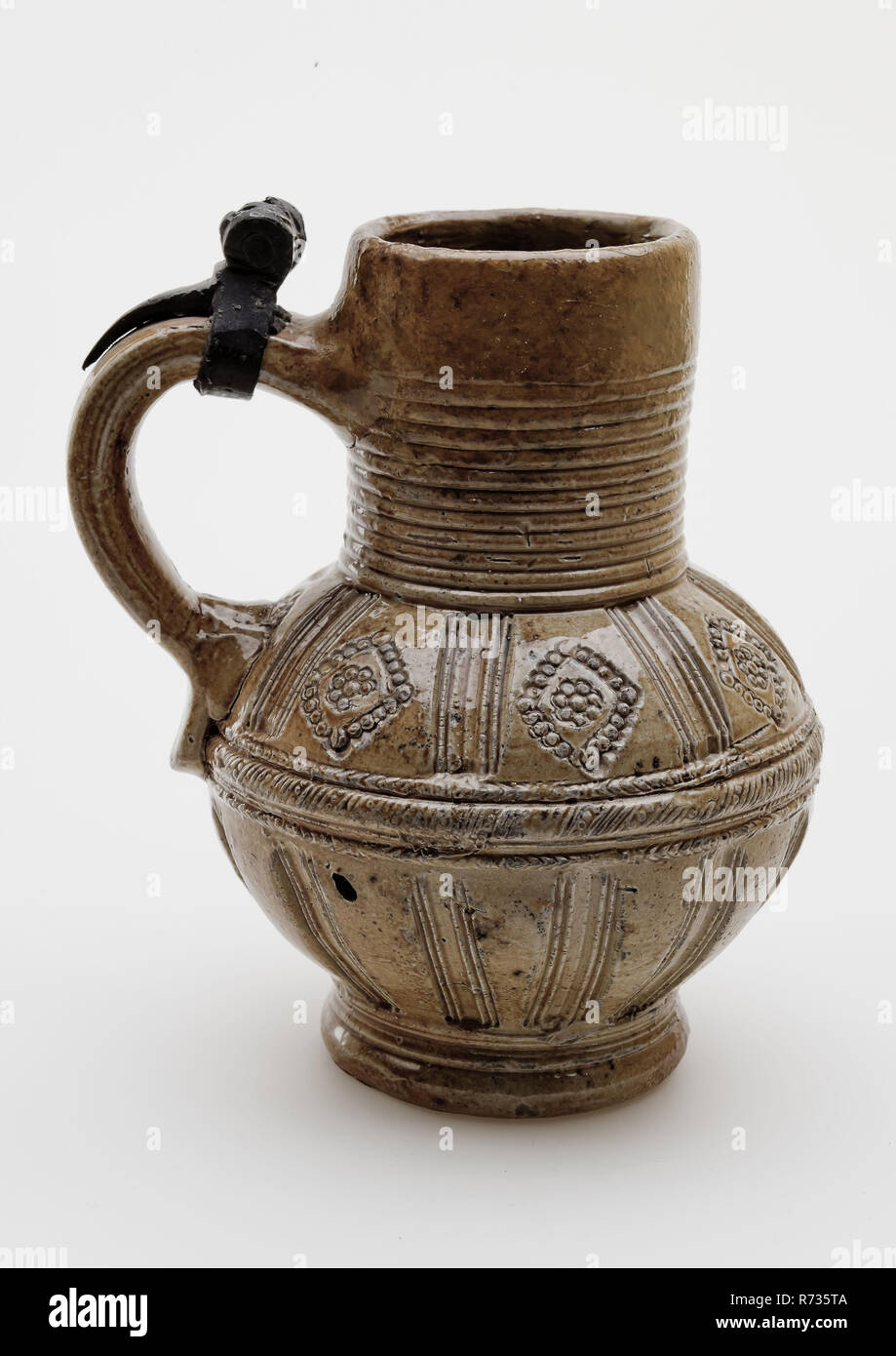 Stoneware jug, ball model with cylindrical neck, band ear with pewter ...