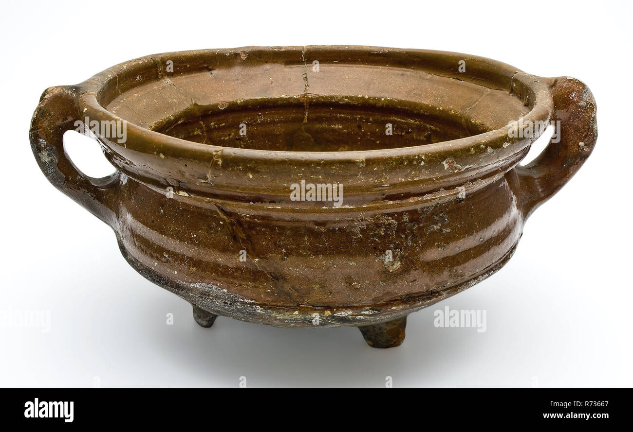 Pottery cooking pot on three legs, wide top edge, two standing ears ...