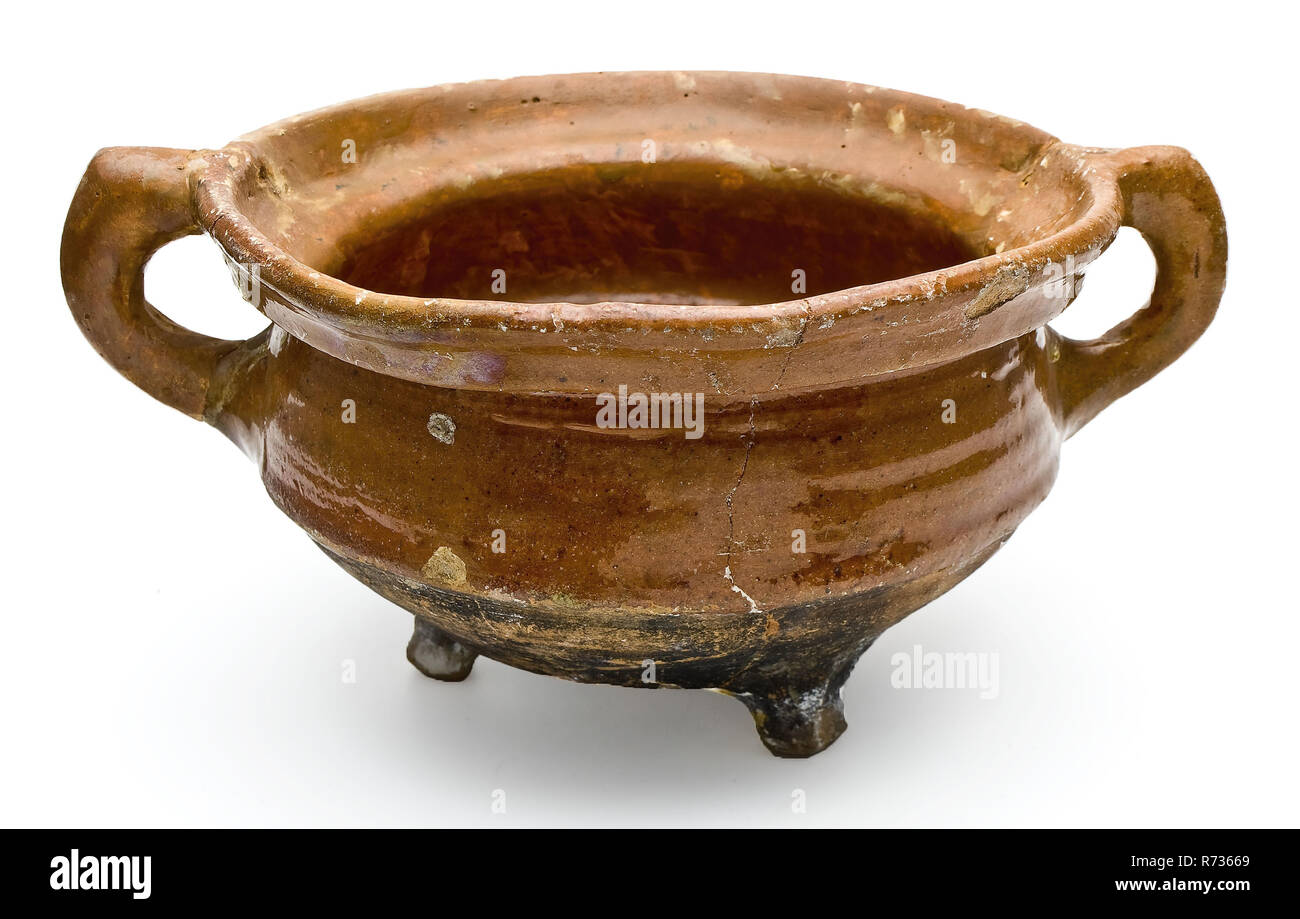 Pottery cooking pot with two standing ears and three legs, wide top ...