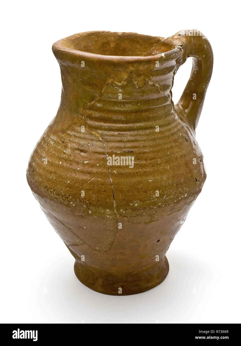 Pottery jug with spout and ear, double conical model on stand ring ...
