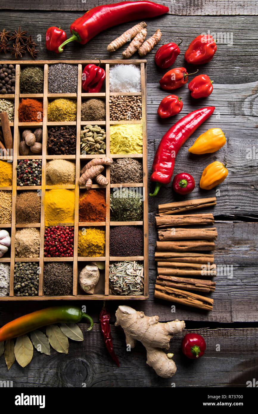 Close-up of different types of Assorted Spices in a wooden box Stock ...