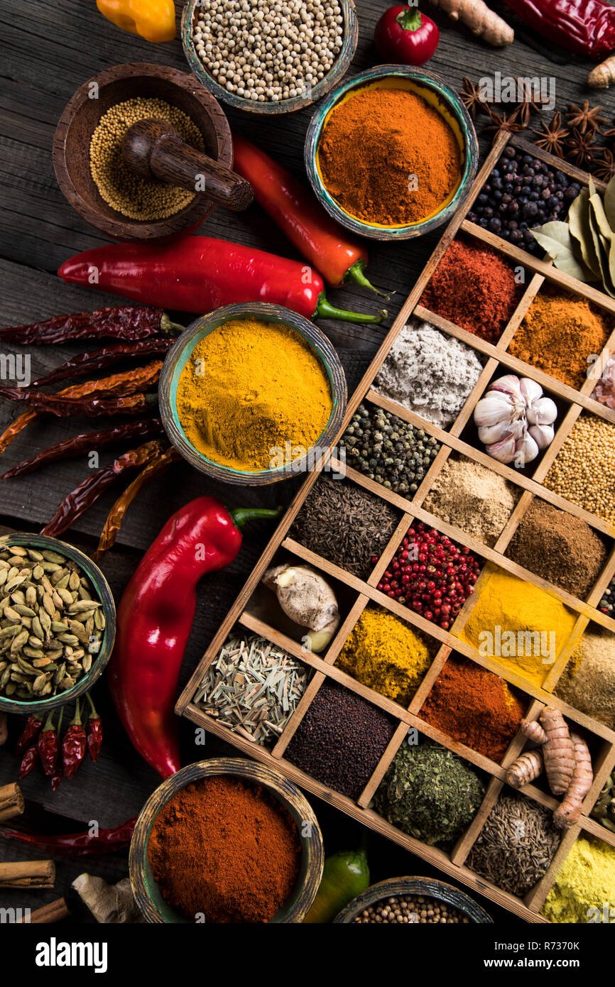 Close-up of different types of Assorted Spices in a wooden box Stock ...