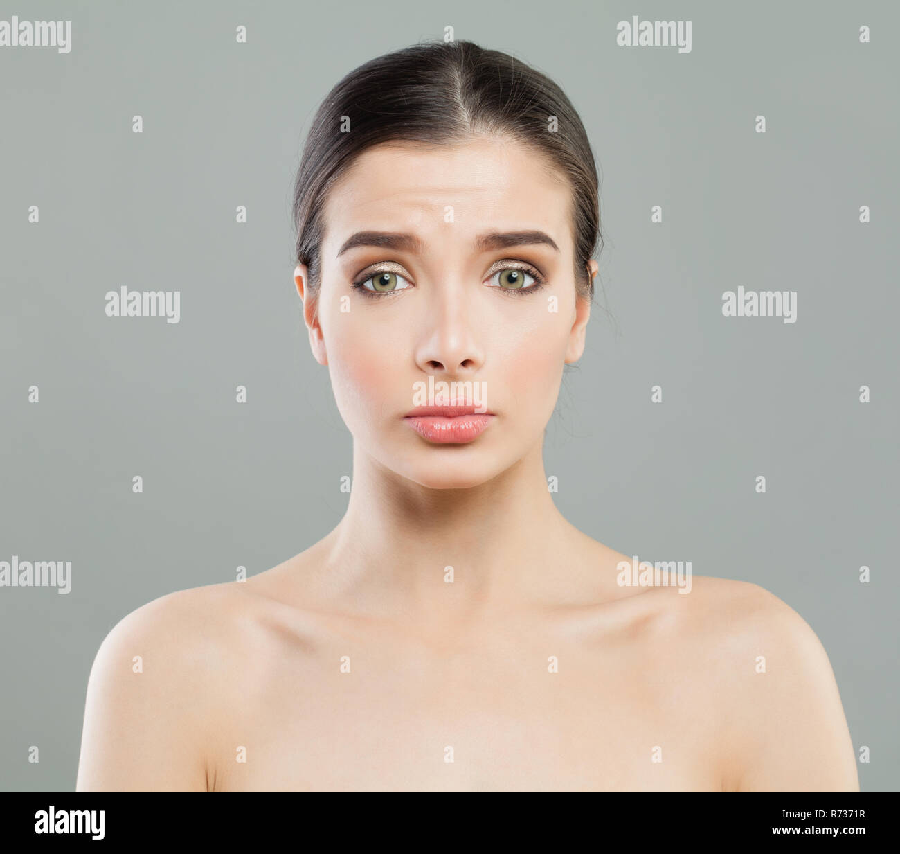 Unhappy female model with wrinkles. Woman face. Anti-aging and face ...