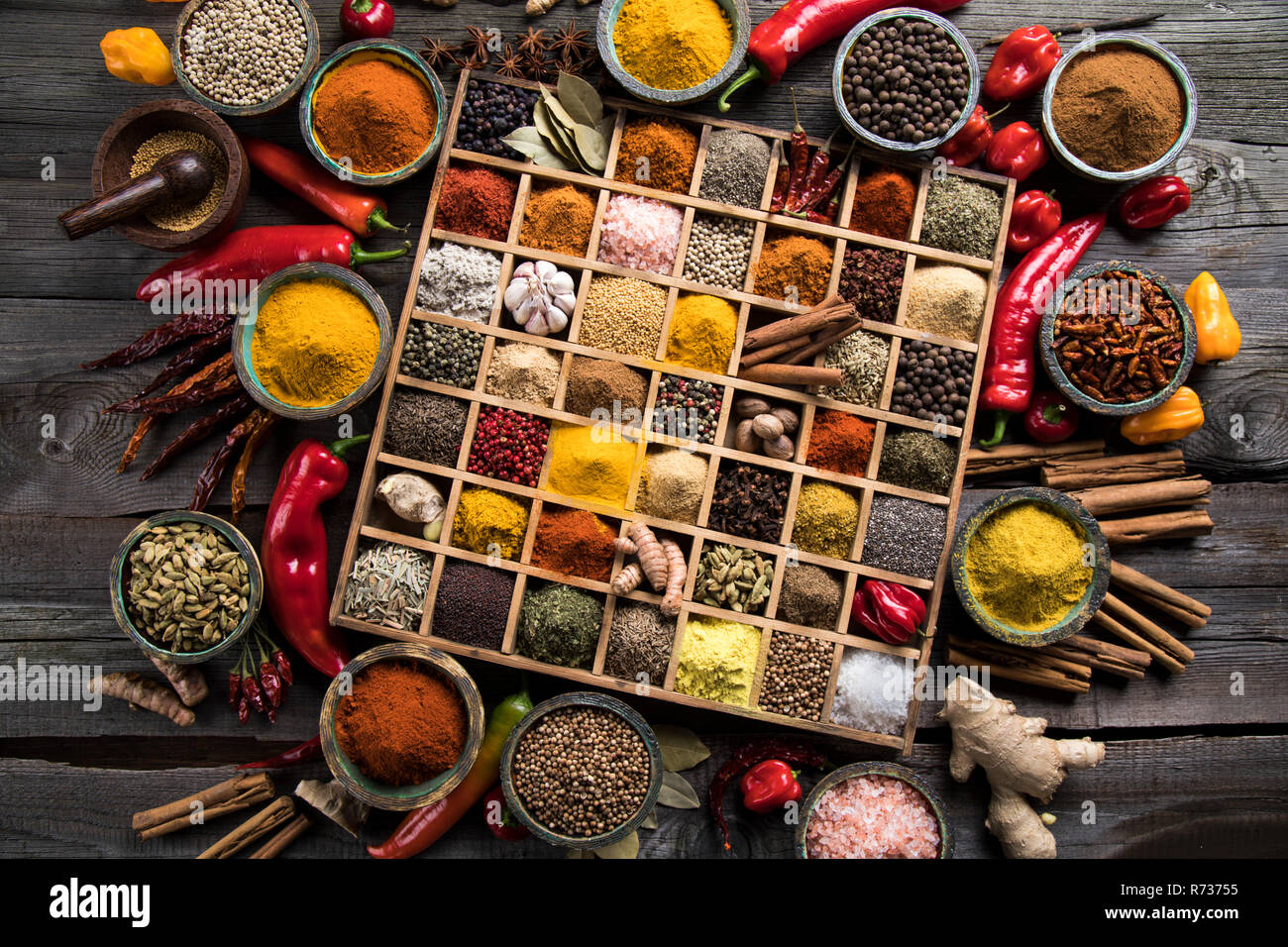 Close-up of different types of Assorted Spices in a wooden box Stock ...