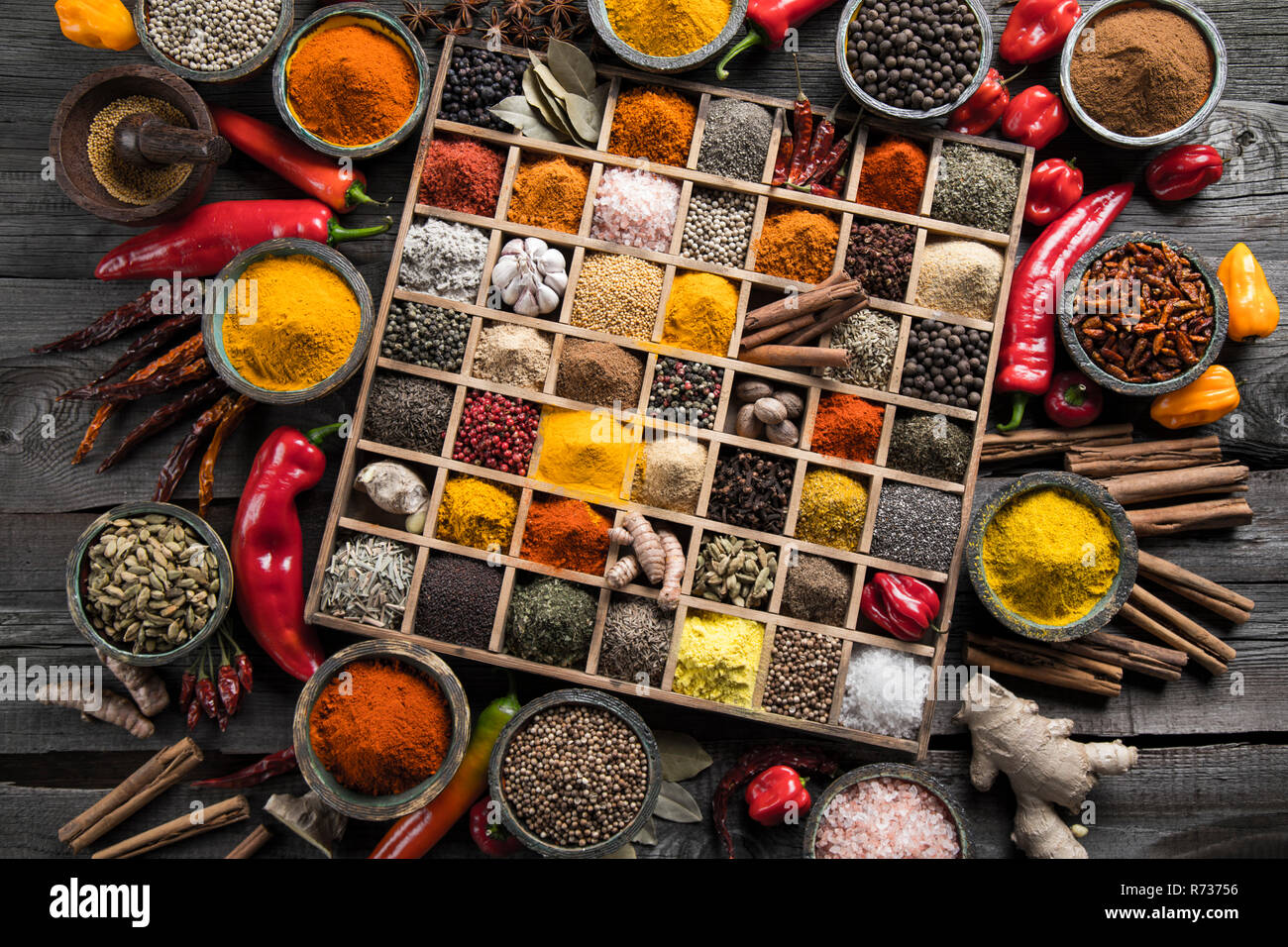 Assorted Spices in a wooden box Stock Photo - Alamy