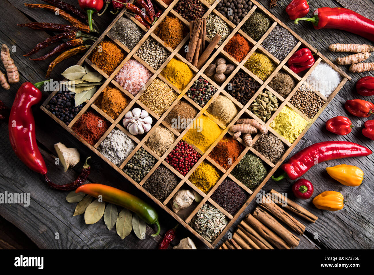 Assorted Spices in a wooden box Stock Photo - Alamy
