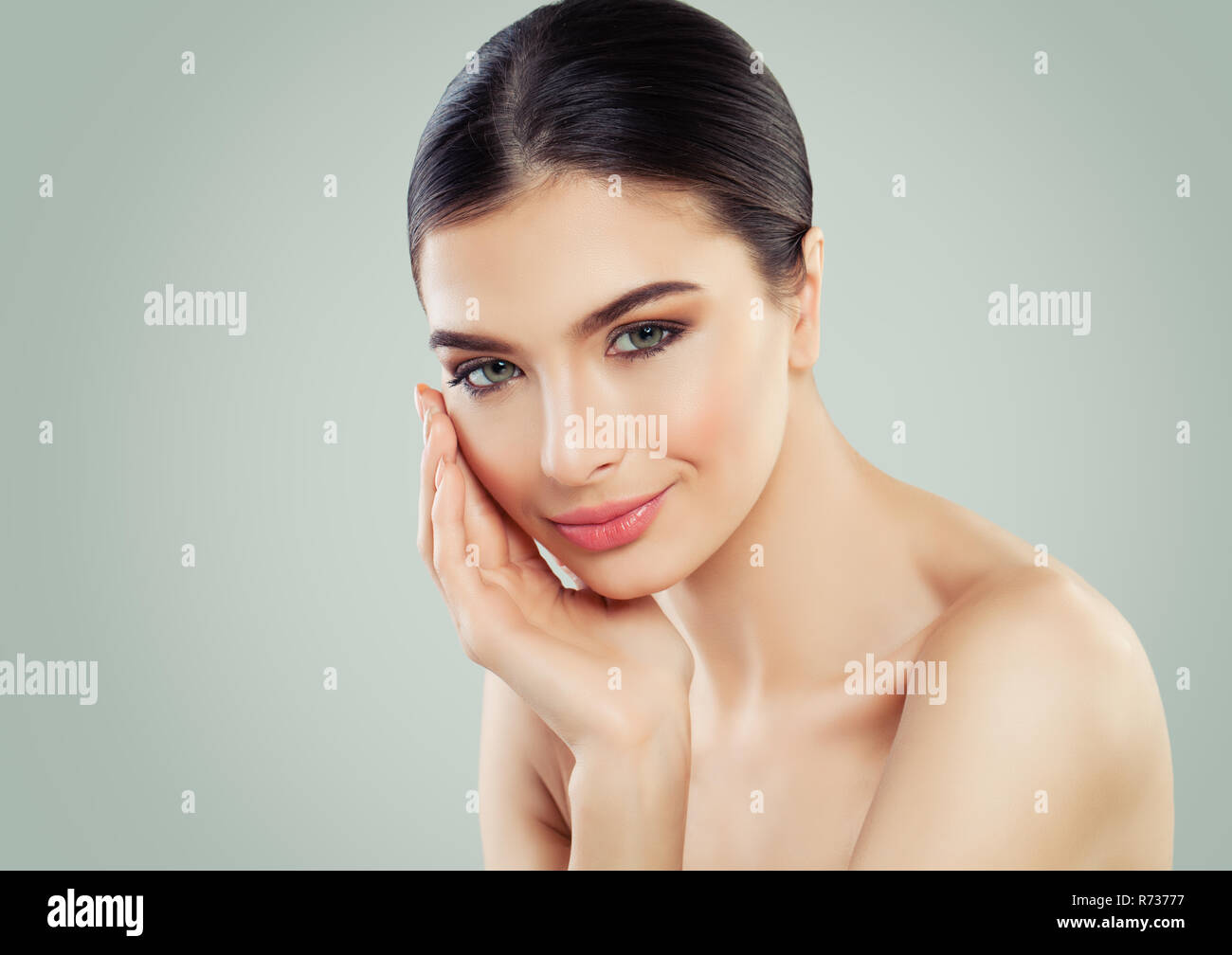 Healthy woman with clear skin Young perfect female face closeup Stock ...