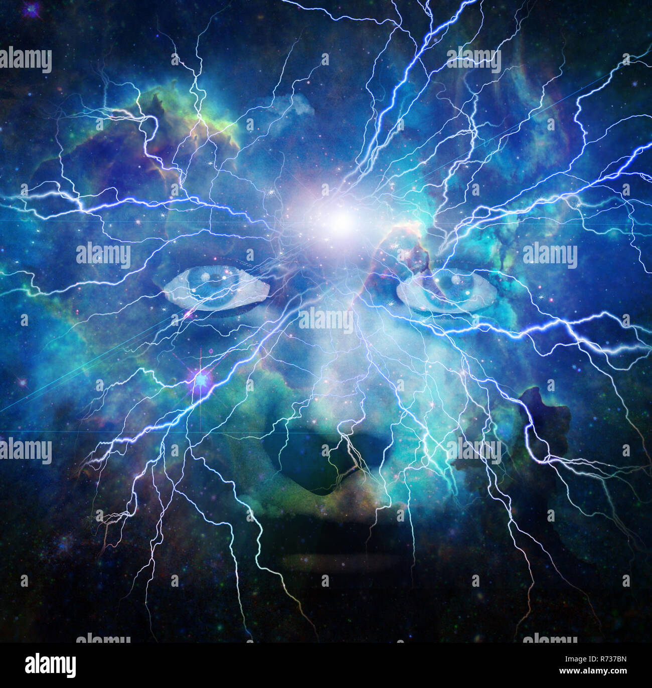 Surrealism. Woman's face in vivid universe. Some elements provided ...