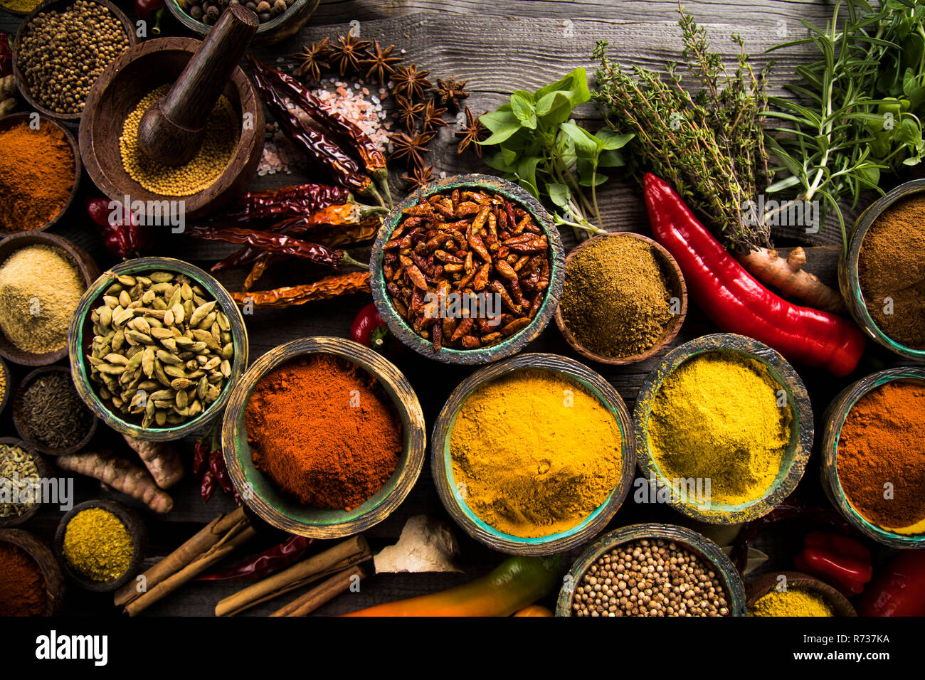 Wooden bowl, Hot spices Stock Photo - Alamy