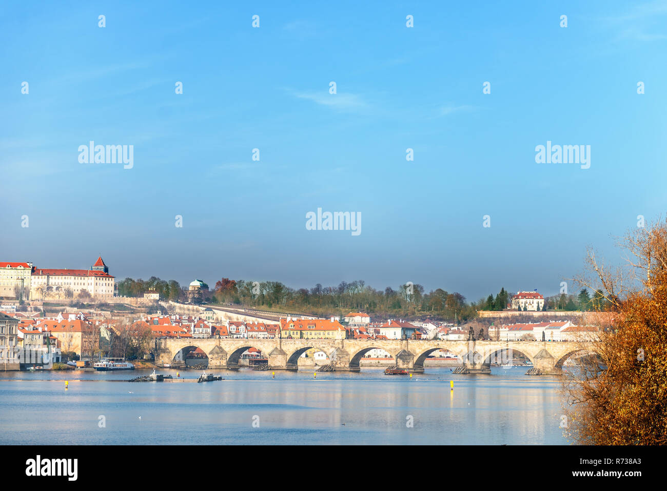 Embankment of the Vltava River and Karlov most, Charles bridge, in a ...