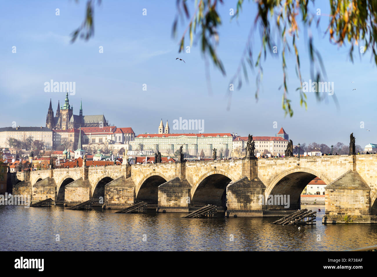 Embankment of the Vltava River and Karlov most, Charles bridge, in a ...