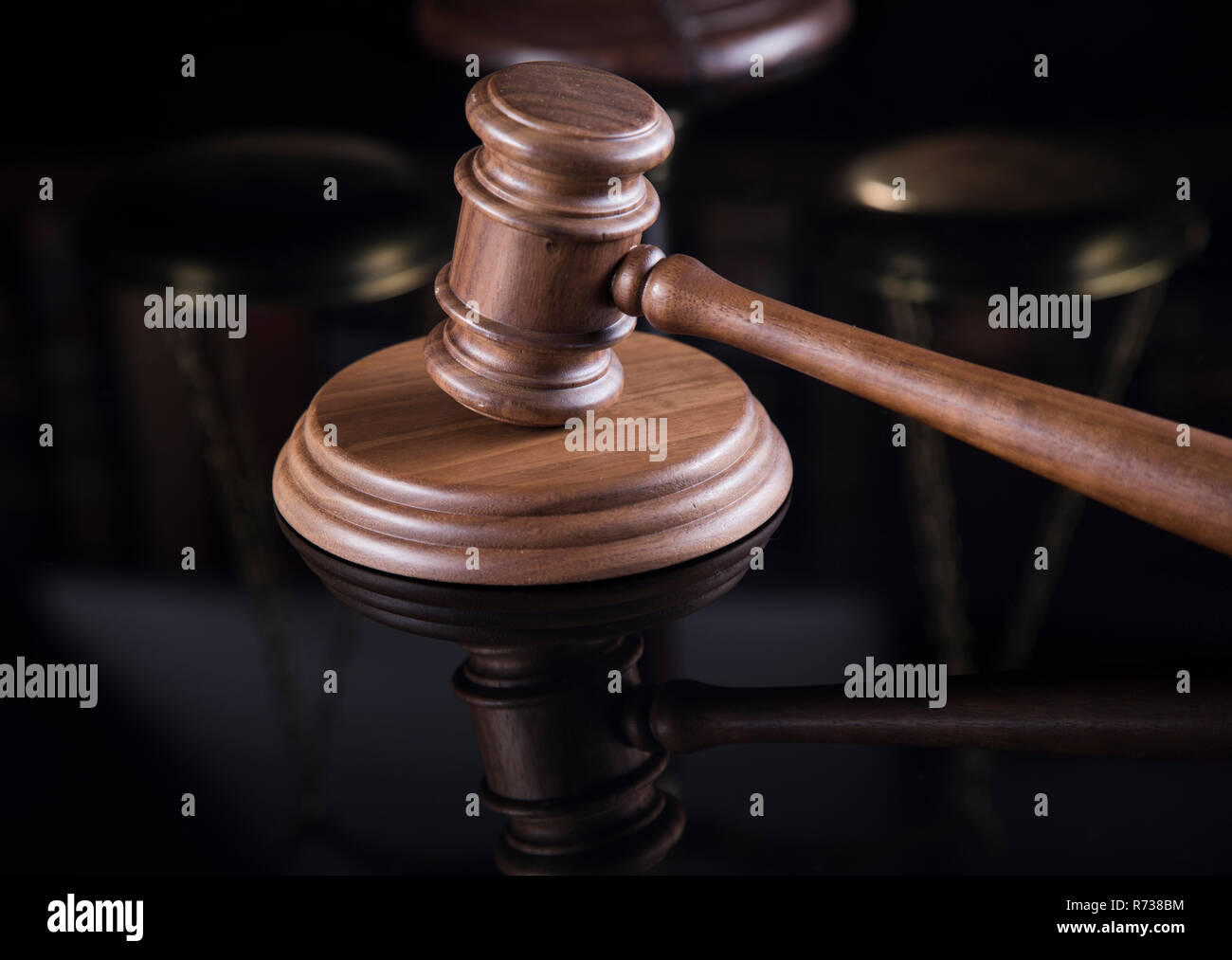 Law theme, mallet of the judge, justice scale, mirror reflection ...