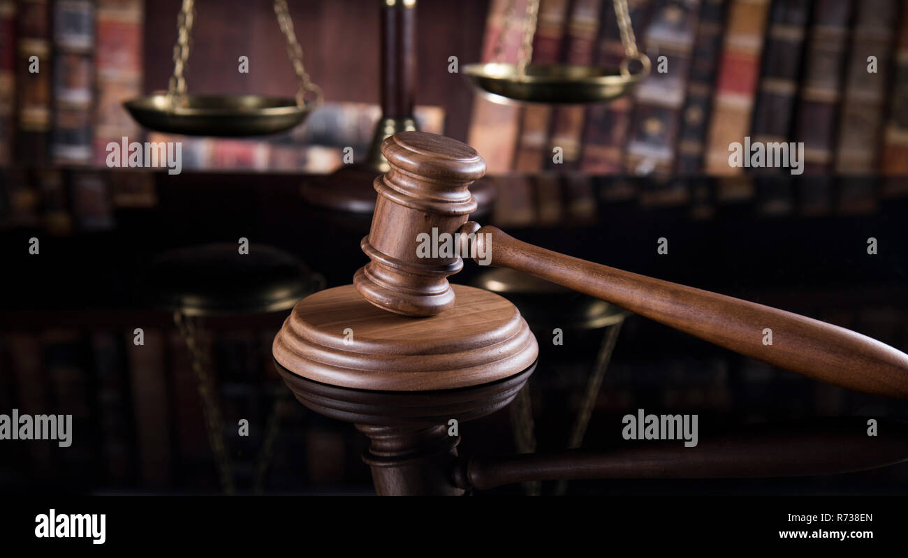 Law theme, mallet of the judge, justice scale, mirror reflection ...