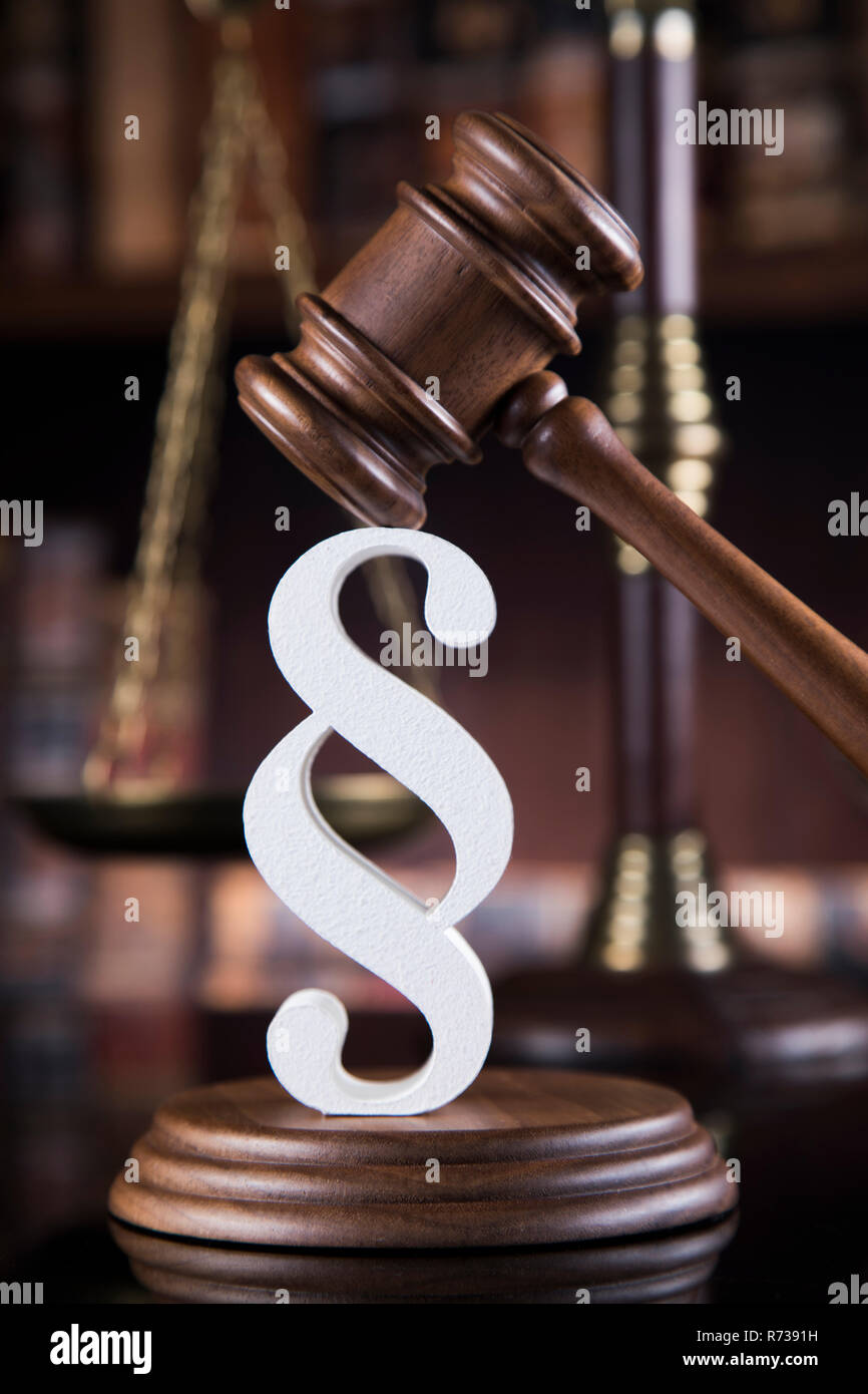 Mallet, Law, legal code and scales of justice concept and paragraph ...