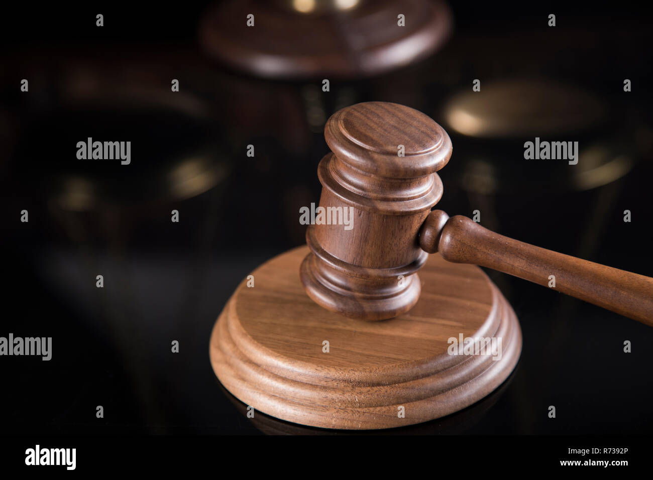 Law theme, mallet of the judge, justice scale, mirror reflection ...