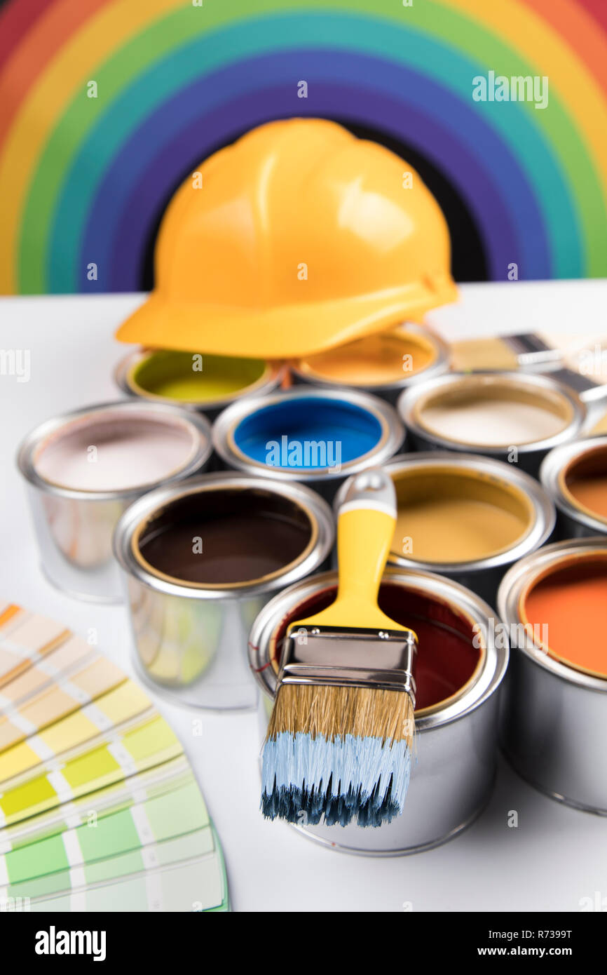 Rainbow colors, Open cans of paint Stock Photo - Alamy