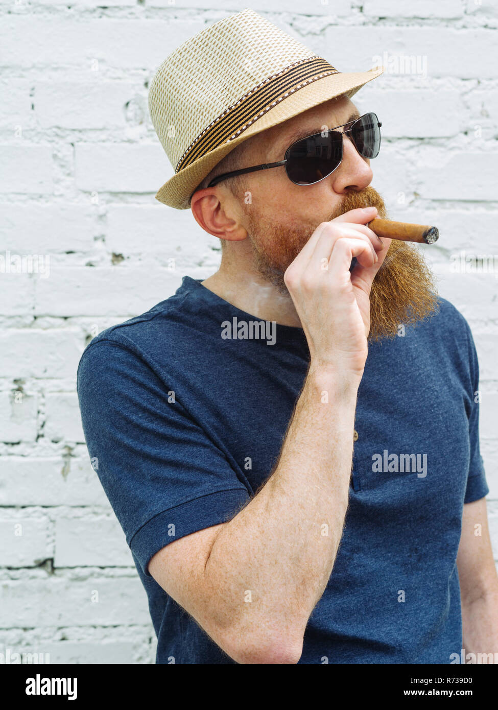 Bearded man smoking a cigar Stock Photo - Alamy