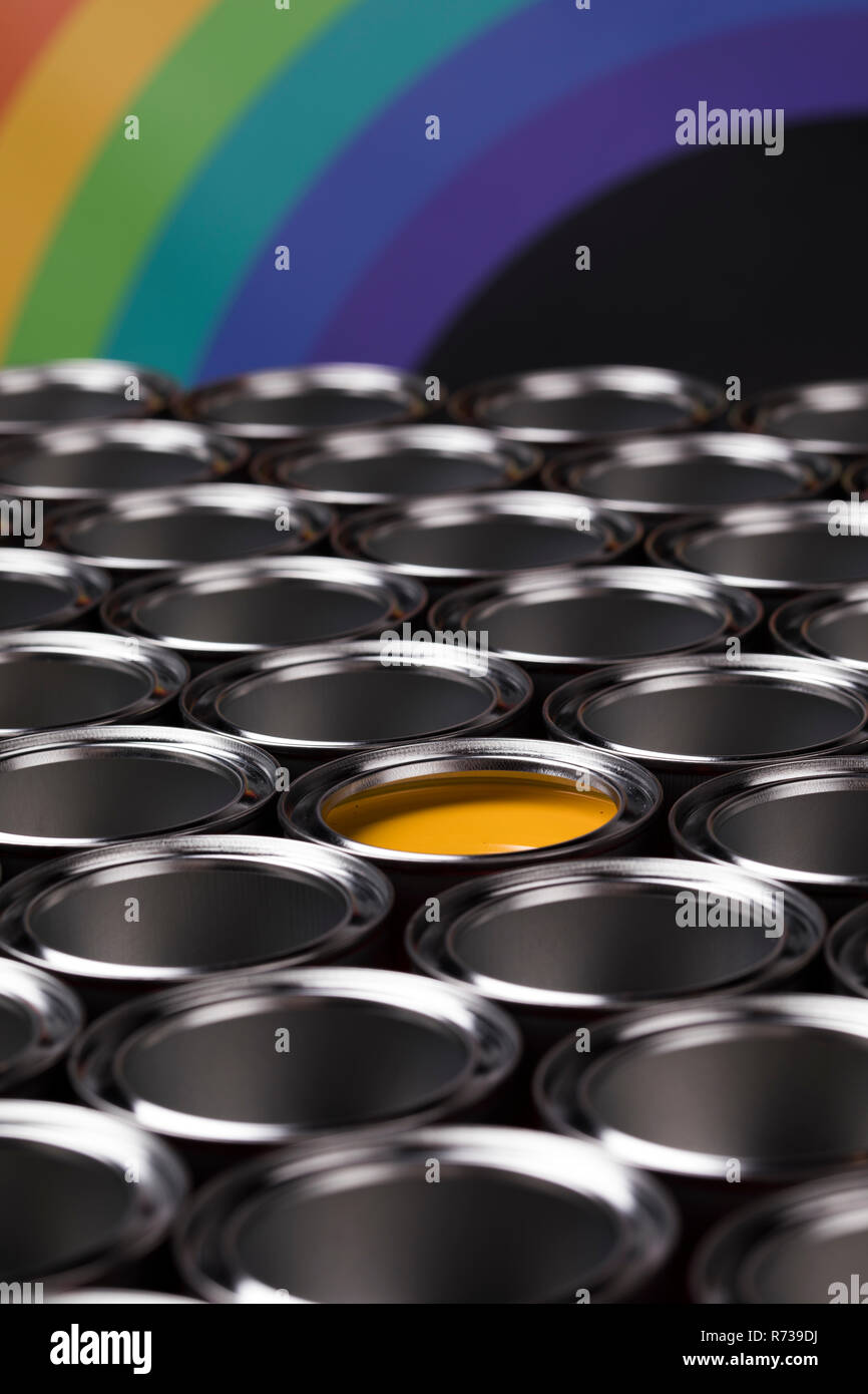 Rainbow colors, Open cans of paint Stock Photo - Alamy