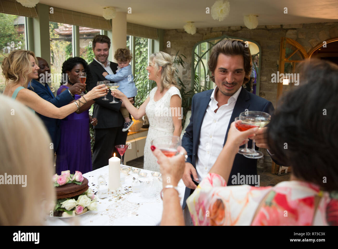 Wedding guests toasting to newlyweds at reception Stock Photo - Alamy