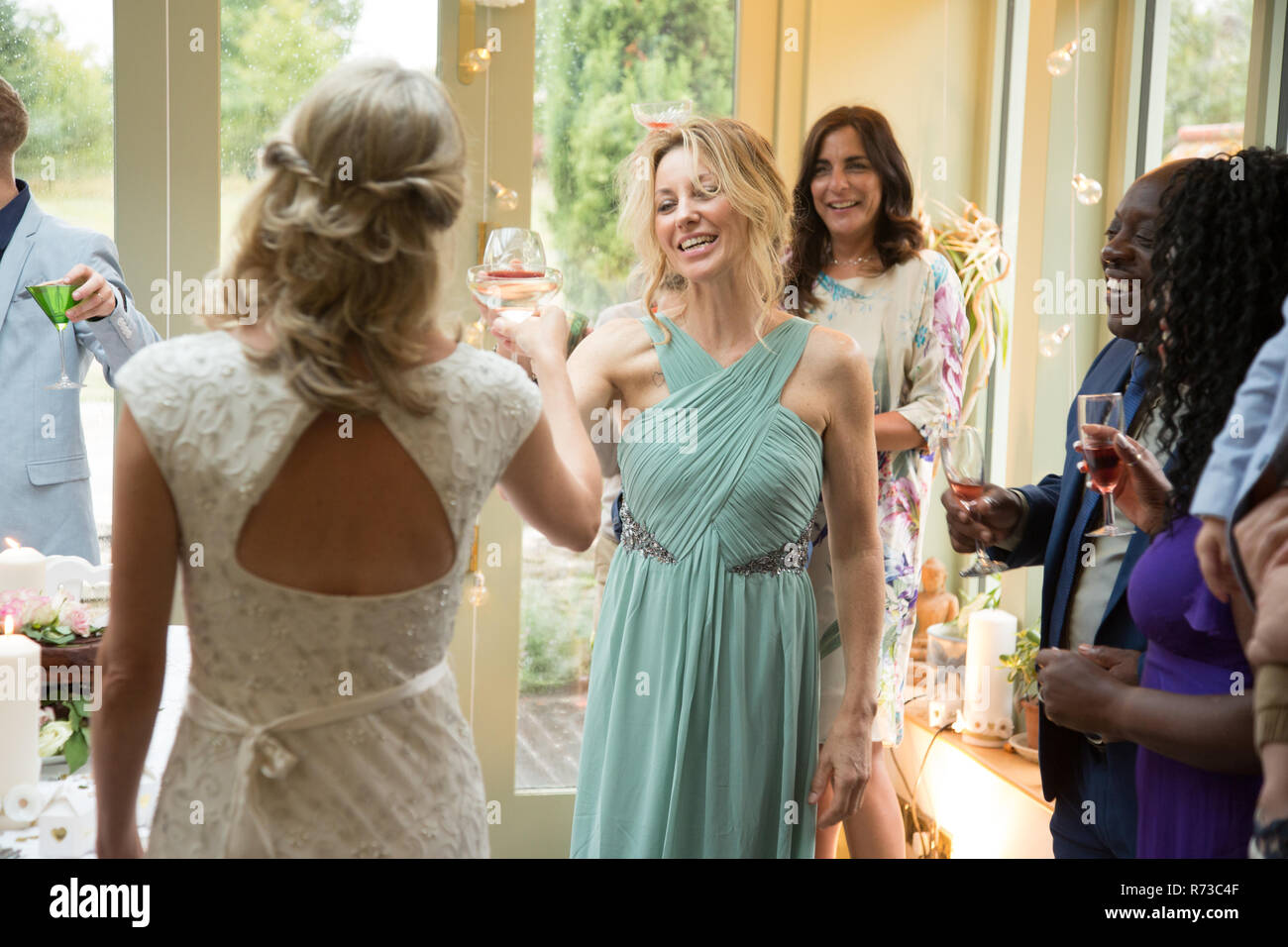 Wedding guests toasting to newlyweds at reception Stock Photo - Alamy