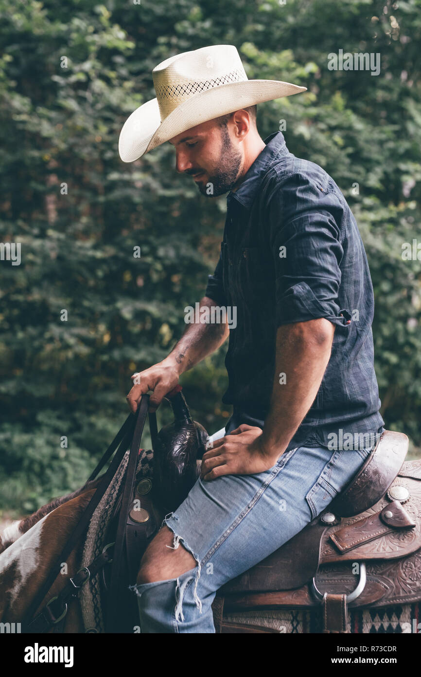 Cowboy on horseback in forest, cropped Stock Photo - Alamy