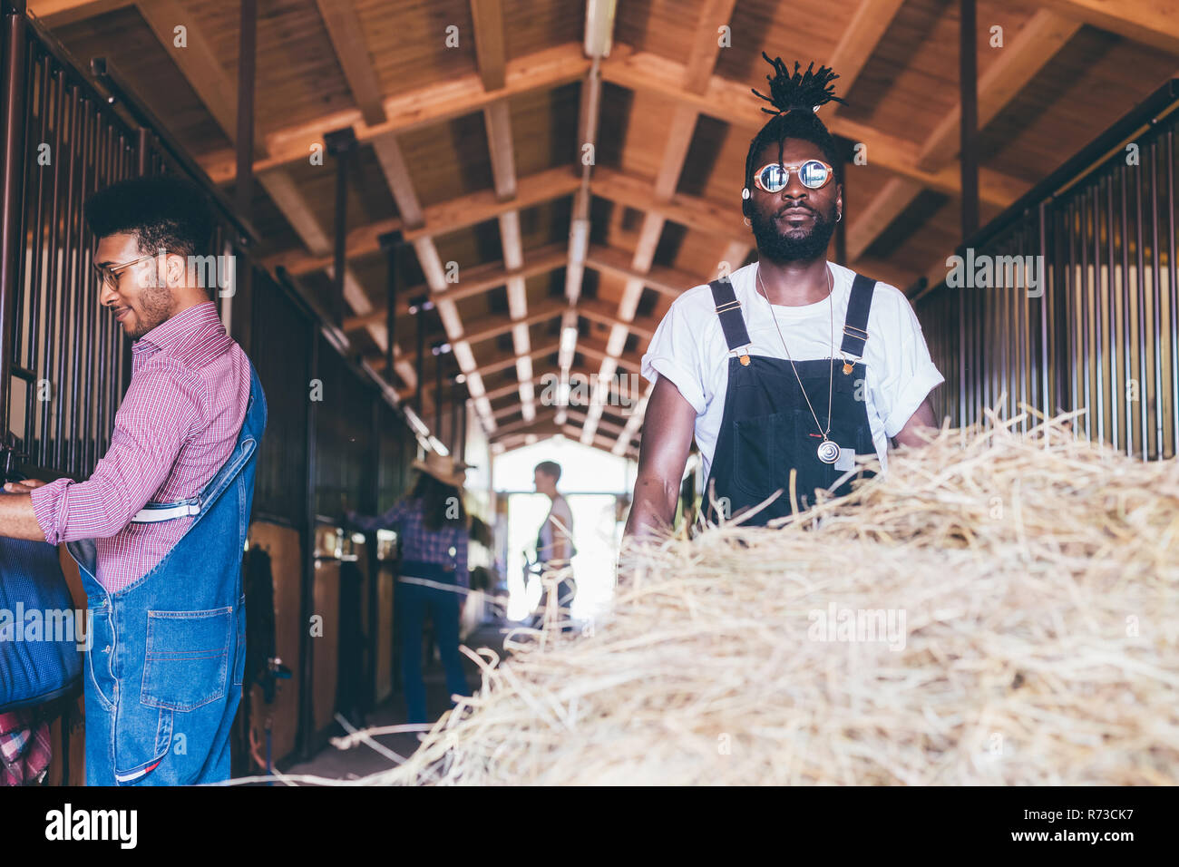 Two cool young men working in stable Stock Photo - Alamy