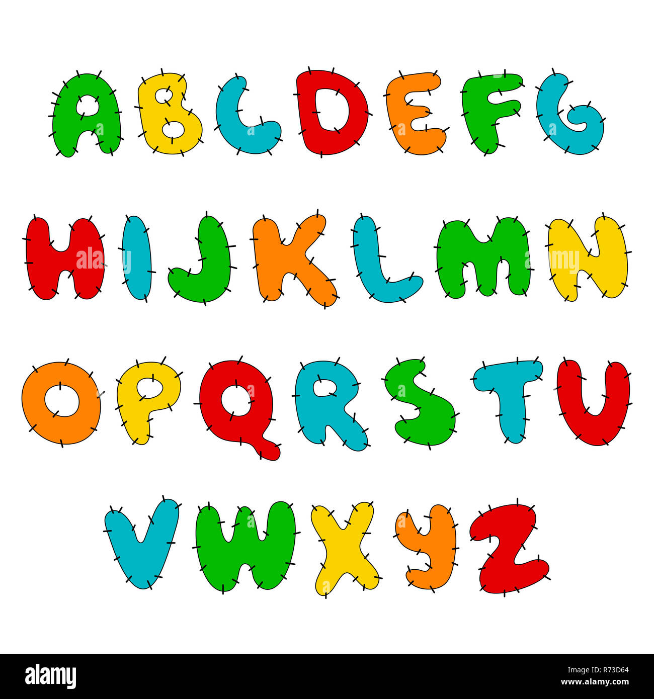 Stitched Hand written display colored font, Kid style. ABC. patched ...