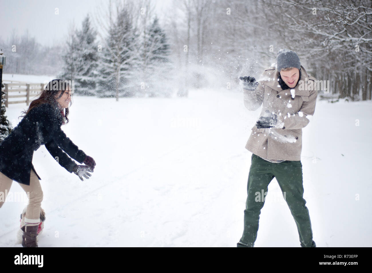 Young couple having snowball fight in snow covered forest, Ontario ...