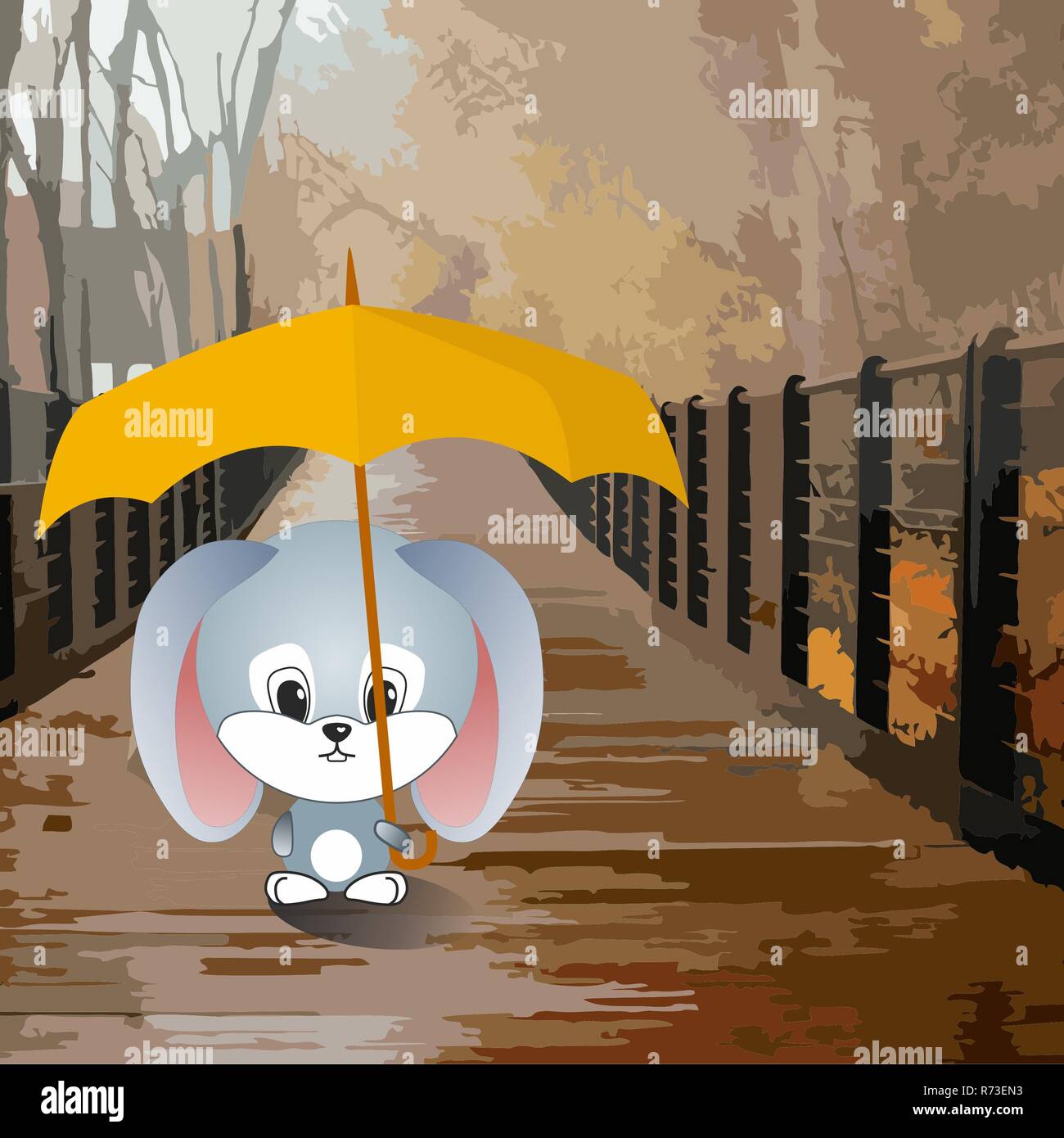 cartoon sad rabbit with umbrella in forest Stock Photo - Alamy