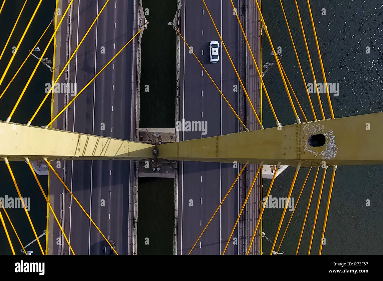 Beautiful bridge over the river. The bridge on the cables is road Stock ...