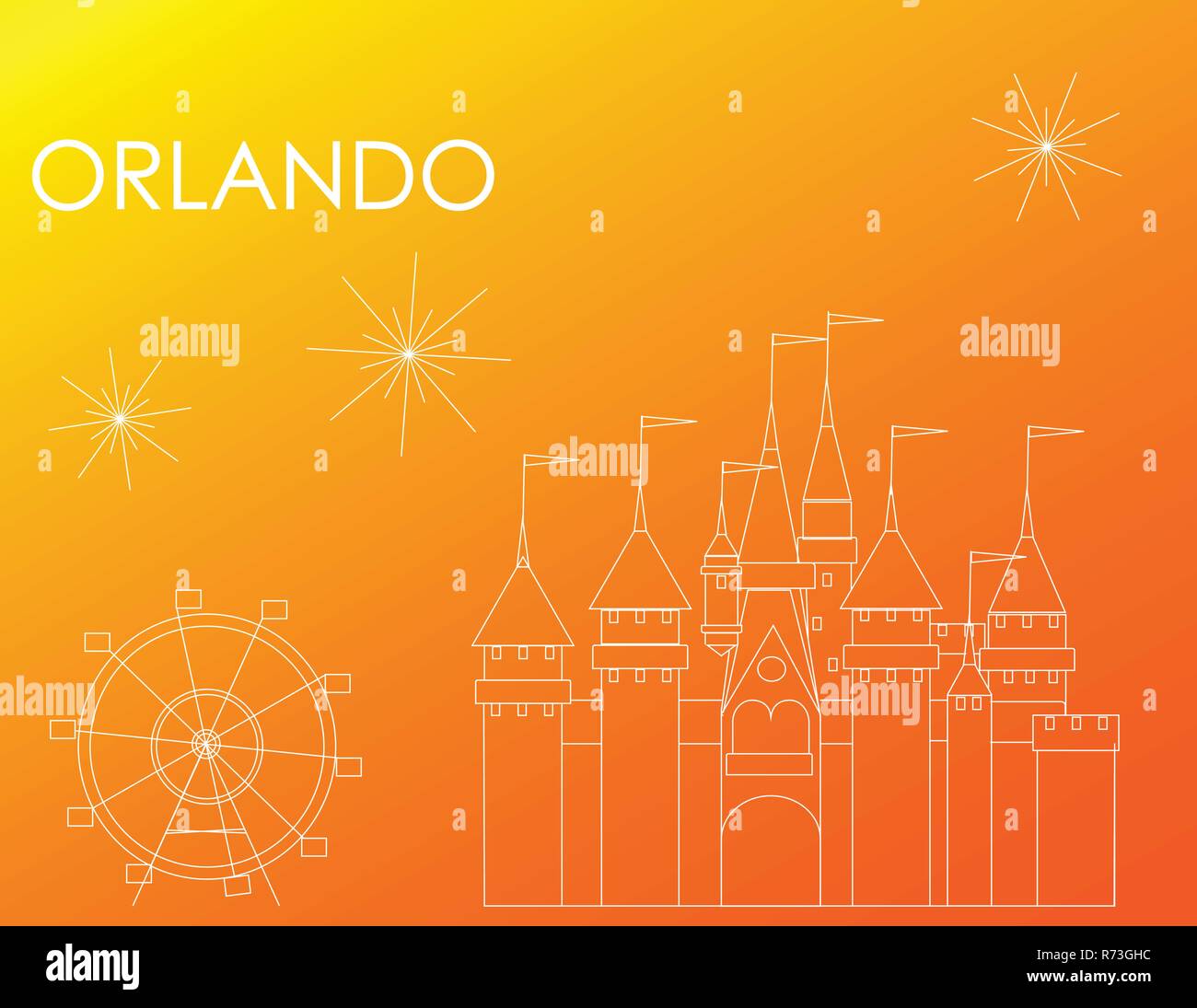 Orlando Atractions white line on orange background ; Line Art Stock ...