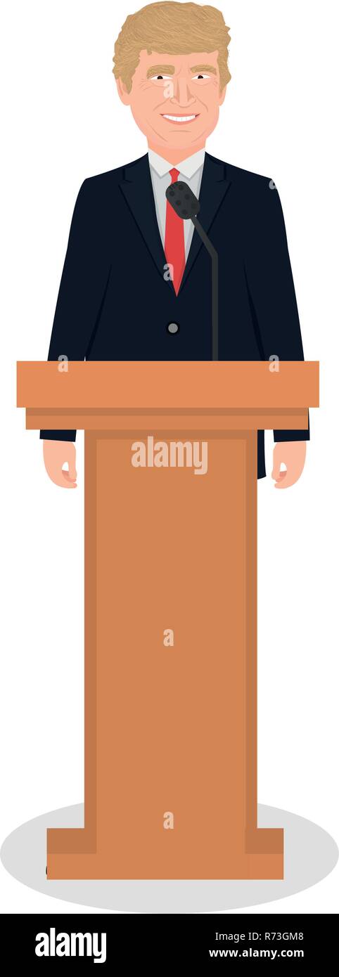 Dec. 07, 2018. Donald Trump stands behind the podium, vector ...