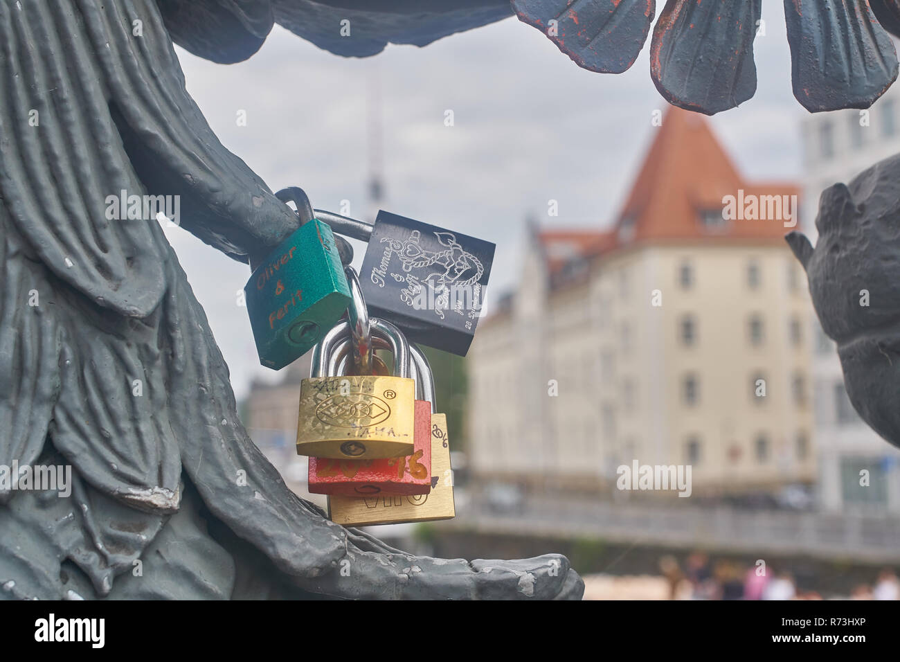 Close up of locks on a bridge that people put as a symbol of love Stock ...