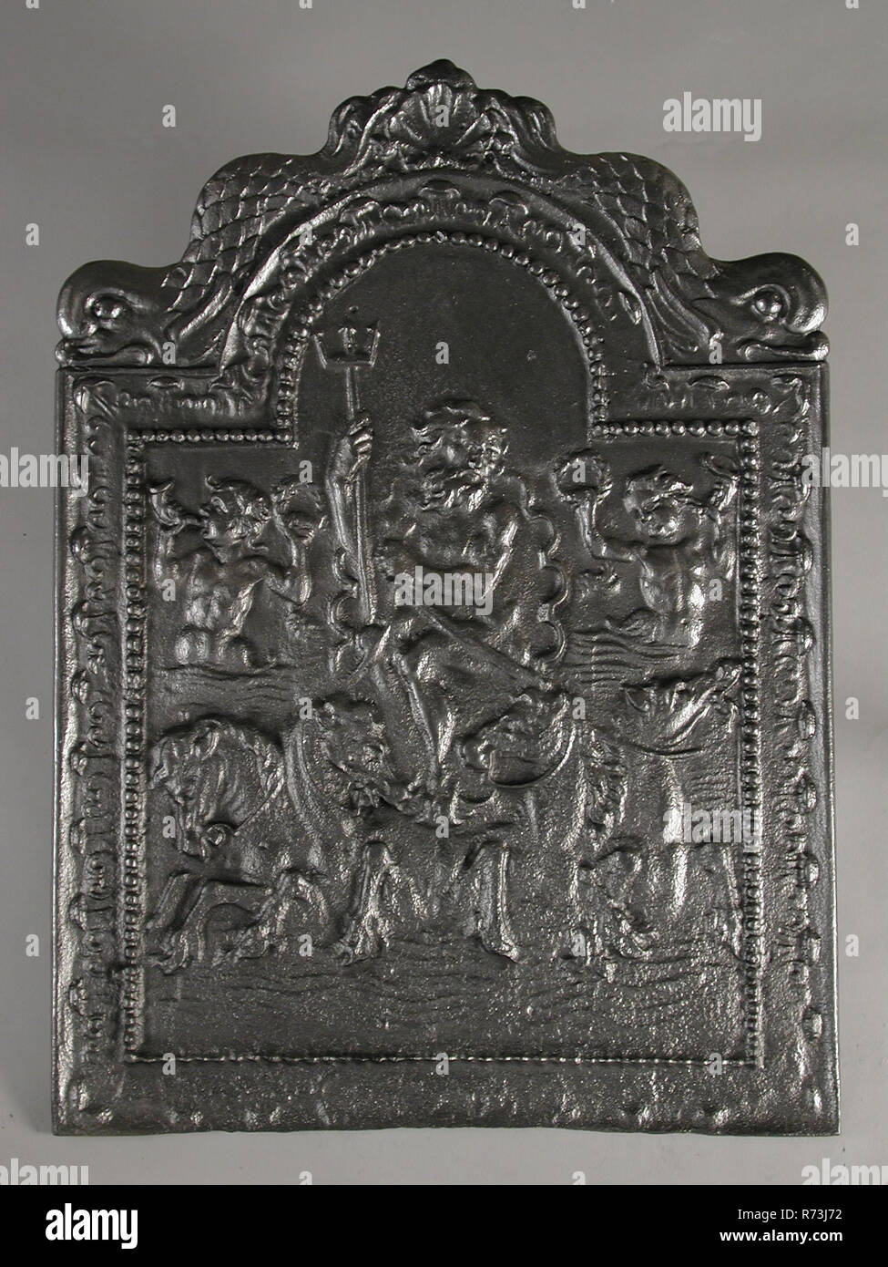 Fireback Neptune on three-horse mare, hob plate cast iron, cast ...