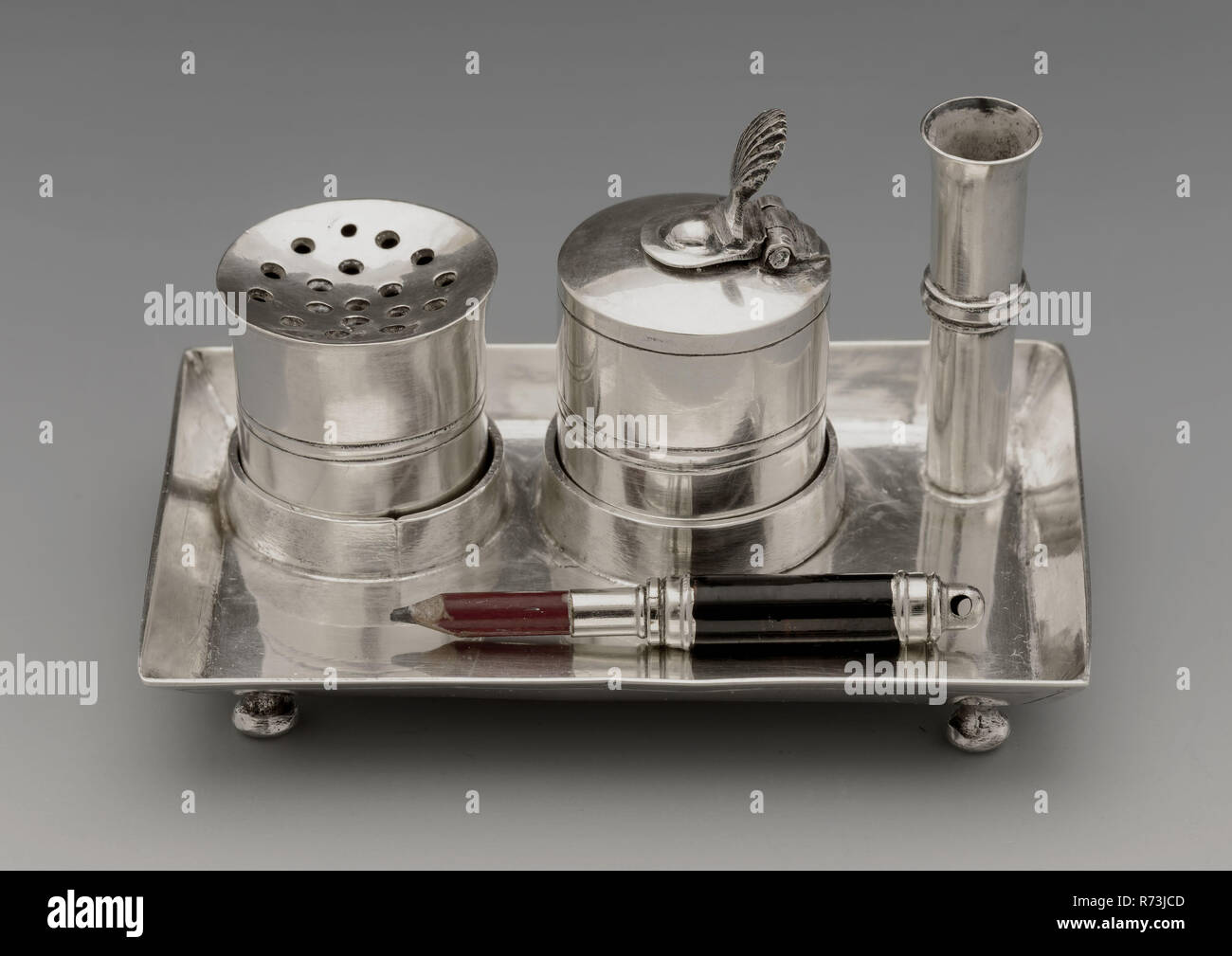 Silversmith: Jan Borduur (?), Silver miniature ink set, sheet with ...