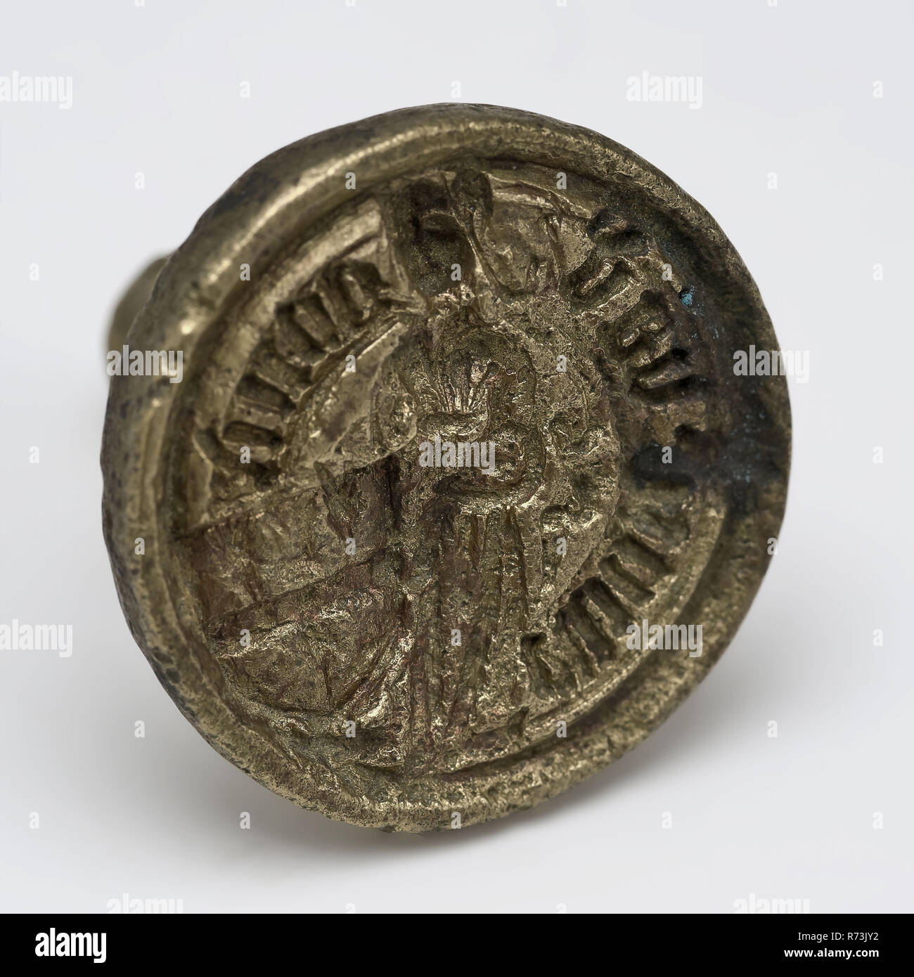 Bronze seal stamp with female figure, coat of arms and edge lettering ...