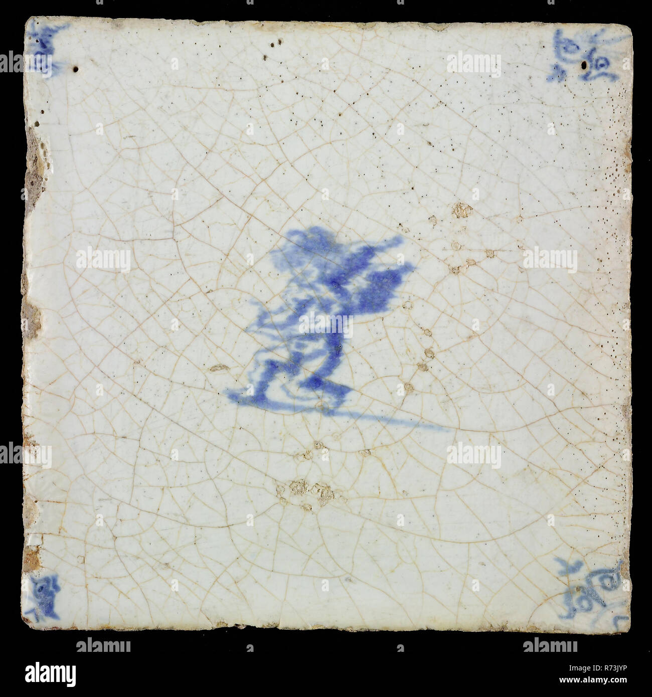 White tile with blue putto; corner pattern ox head, wall tile tile ...